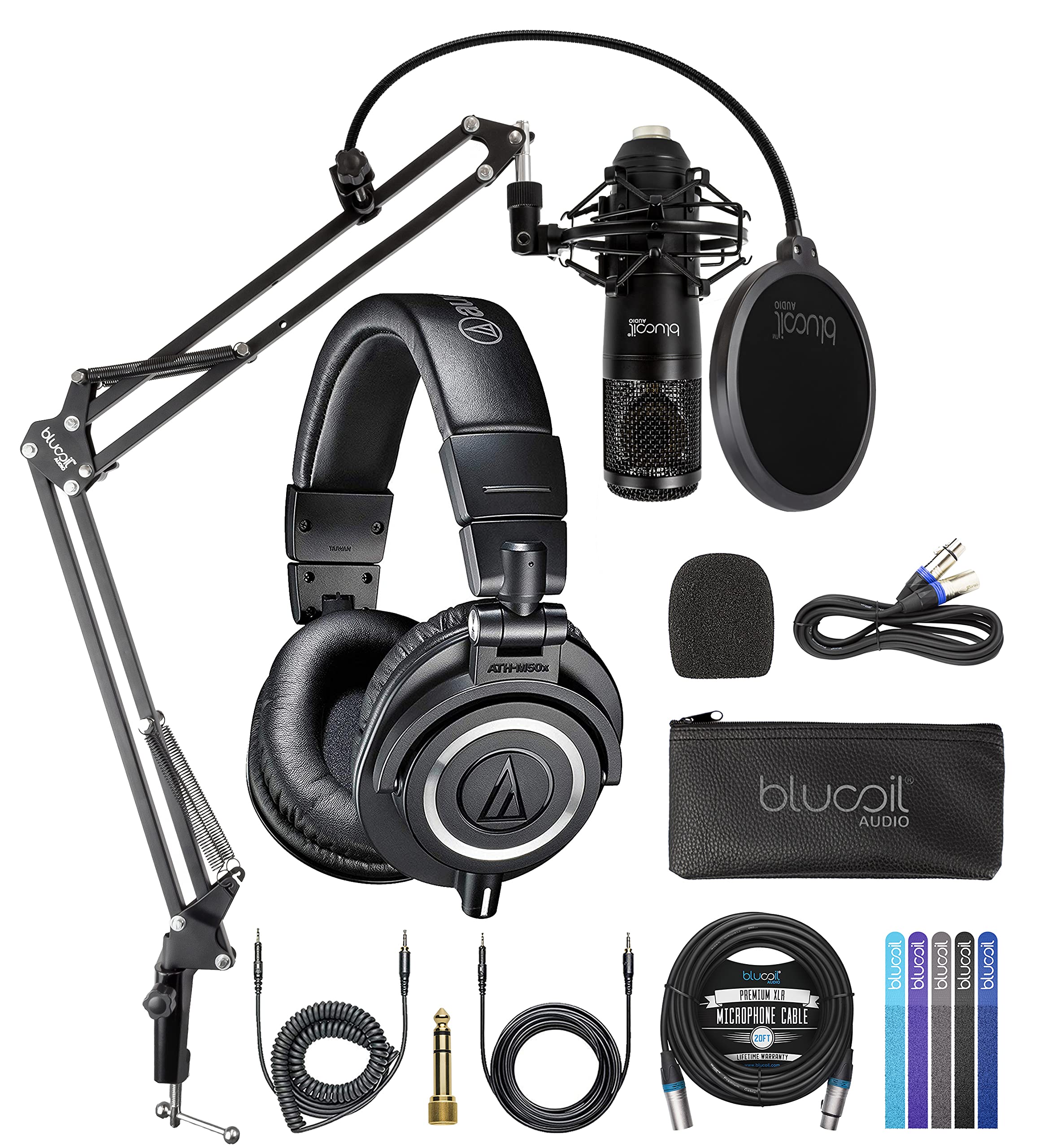 blucoil Audio Technica ATH-M50X Professional Studio Monitor Headphones, Black Bundle Cardioid Condenser XLR Microphone, Boom Arm Plus Pop Filter, 10-FT Balanced XLR Cable and 5X Cable Ties