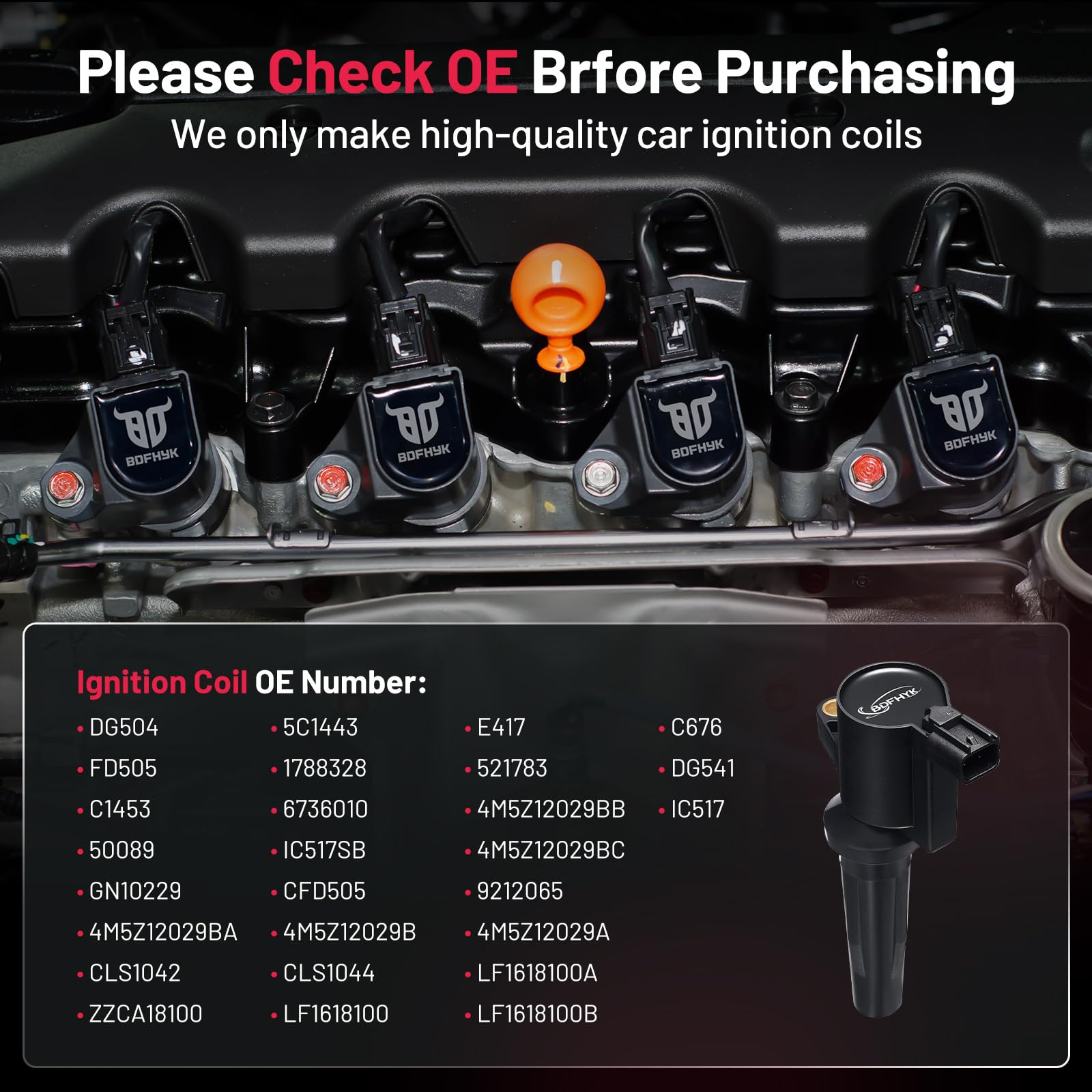 BDFHYK DG504 Ignition Coils Compatible with Escape Focus Transit Connect Mazda Mercury L4 2.0L 2.3L(4 Pack)Replacement for FD505 DG501 DG541 DG507