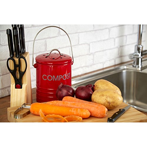 Premier Housewares 510018 Compost Bin with Handle, Red, Metal, H20 x W15 x D15cm