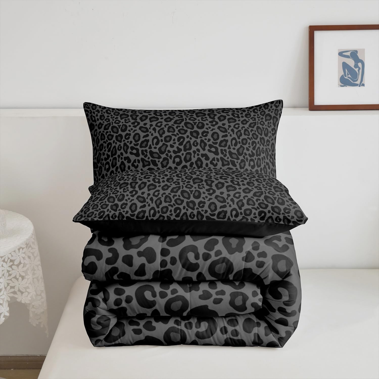 Castle Fairy Gray Wild Animal Skin Boys Girls Comforter Set Full Size,Leopard Print Duvet Set Teens Bedroom Decor,African Cheetah Wildlife Microfiber Soft Bedding