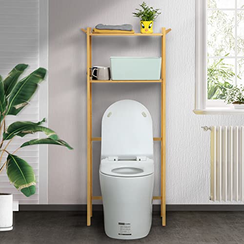 MoNiBloom 2-Tier Bamboo Over The Toilet Storage Rack with Hooks Freestanding Bathroom Space Saver Corner Stand Storage Organizer, Natural