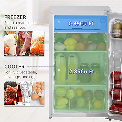 HOMCOM Mini Fridge with Freezer, 3.2 Cu.Ft Compact Refrigerator with Adjustable Shelf, Mechanical Thermostat and Reversible Door for Bedroom, Dorm, White