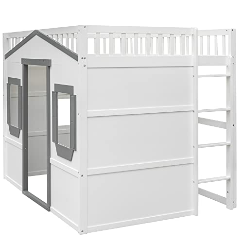 DEYOBED Full Size House Loft Bed with Ladder, Wooden Gaming House Bed Frame with Windows for Kids Boys Girls, White+Gray
