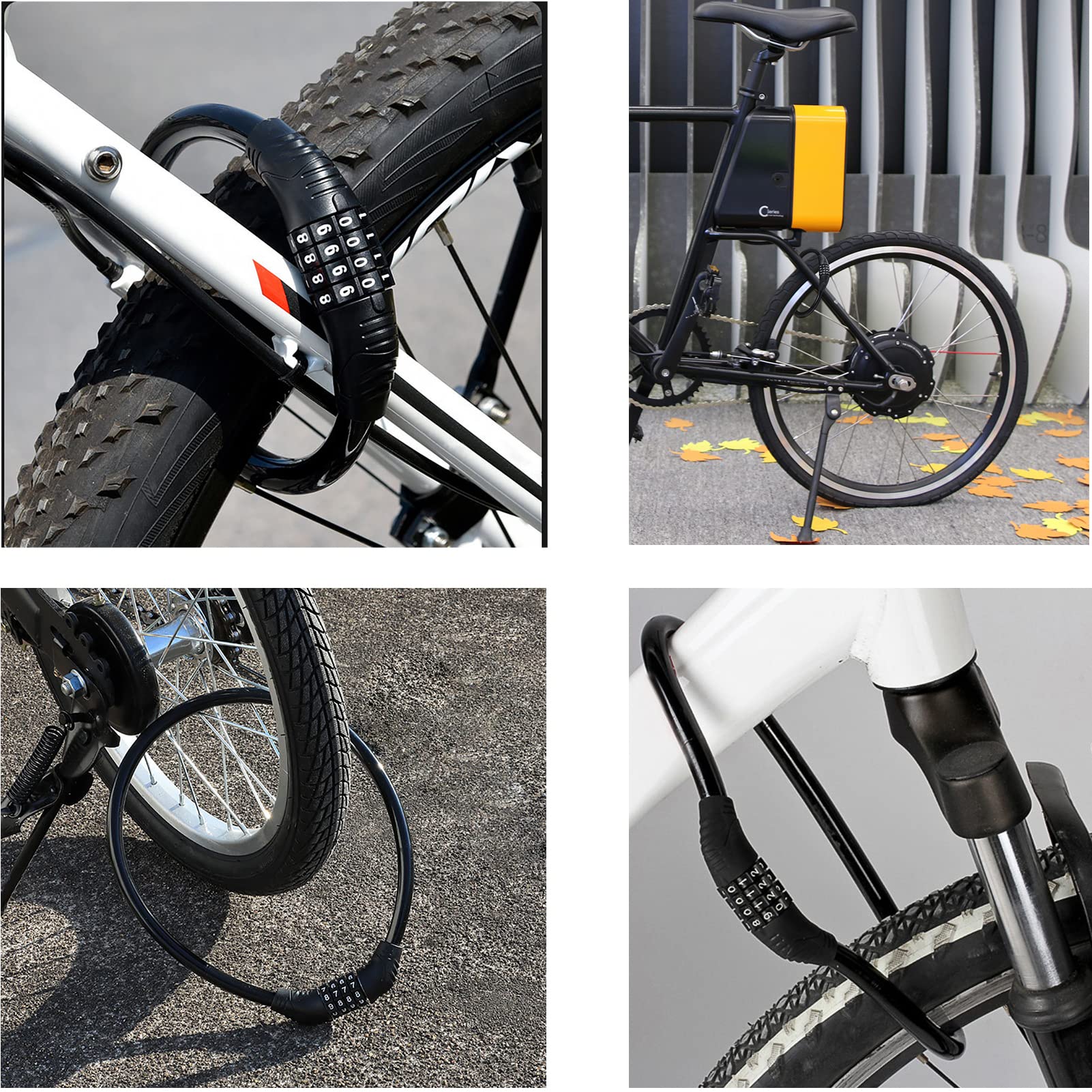Bike Lock Cable, Anti Theft Bicycle Lock Chain, Bike Combination Lock 4 Digit Security Resettable Self Coiling Combination Cable Combo Bike Locks without Mounting Bracket, 2 Feet x 1/2 Inch (Black)