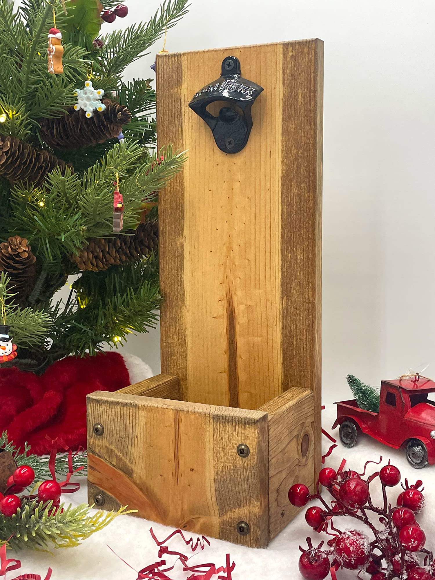 Bottle Opener with Dropbox Cap Catcher - Wall Mount or Freestanding - Laser Engraved - Personalized Christmas Gift idea for men Rustic Wood Groomsmen Gift Sets, Wedding and Anniversary Presents