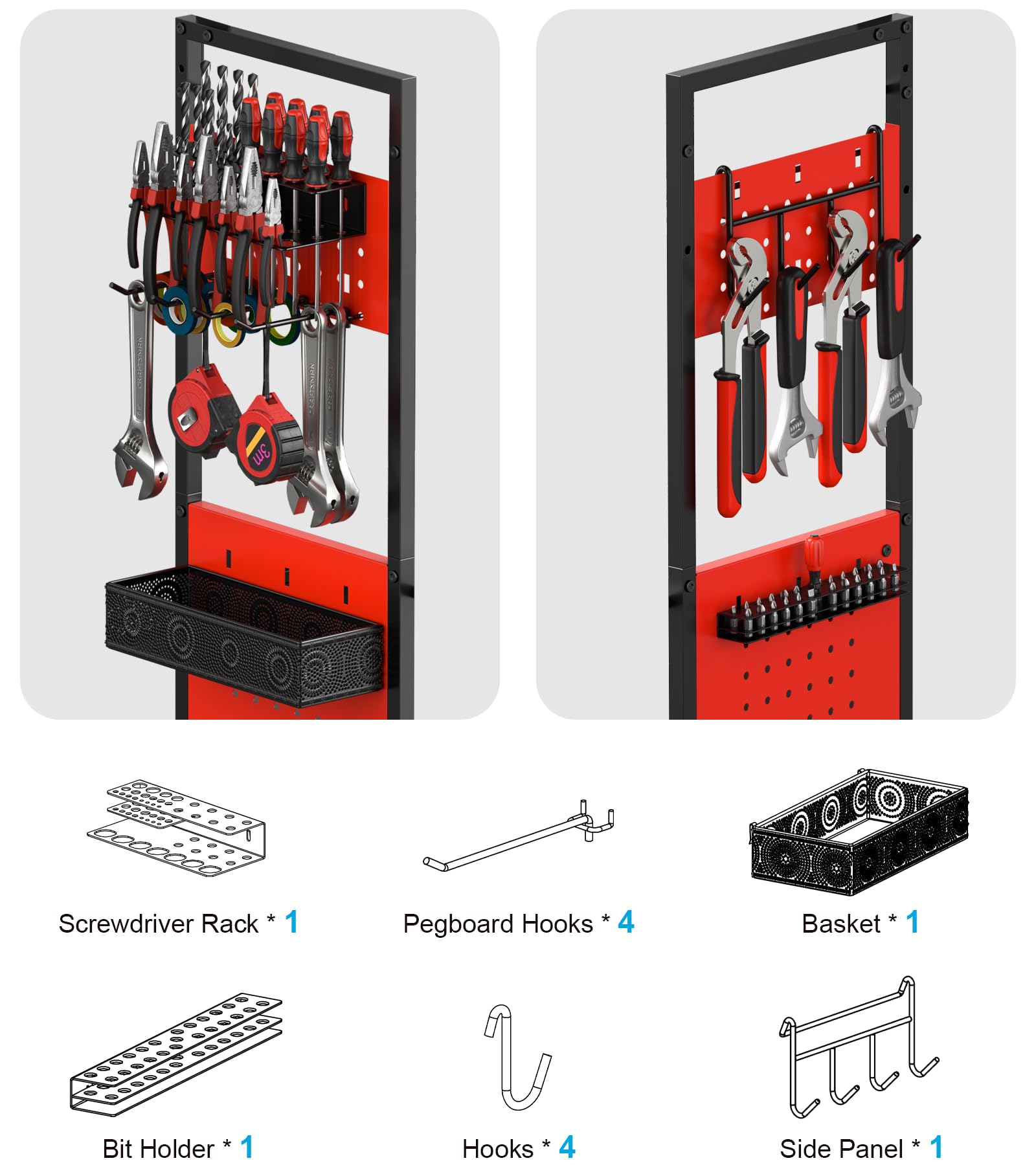 CCCEI Garage Power Tools Organizer Cart with Charging Station, Floor Standing Drill and Tools Battery Storage Cart with Cabinet. Utility Rack Gift for Men, Husband, Father Red.