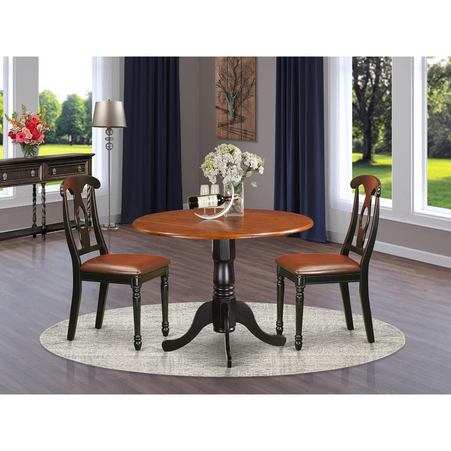 East West Furniture DLKE3-BCH-LC 3 Piece Modern Dining Table Set Contains a Round Wooden Table with Dropleaf and 2 Faux Leather Kitchen Dining Chairs, 42x42 Inch, Black & Cherry