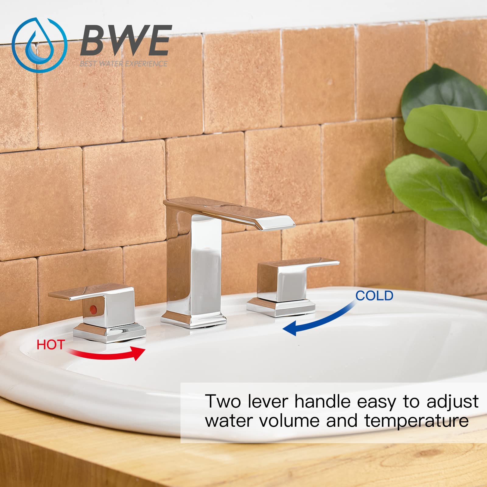 BWE Waterfall Widespread Bathroom Faucet Chrome 3 Holes with Pop Up Drain Stopper with Overflow and Supply Line Lead-Free 2-Handle Bath Lavatory Vanity Sink Mixer Tap Square