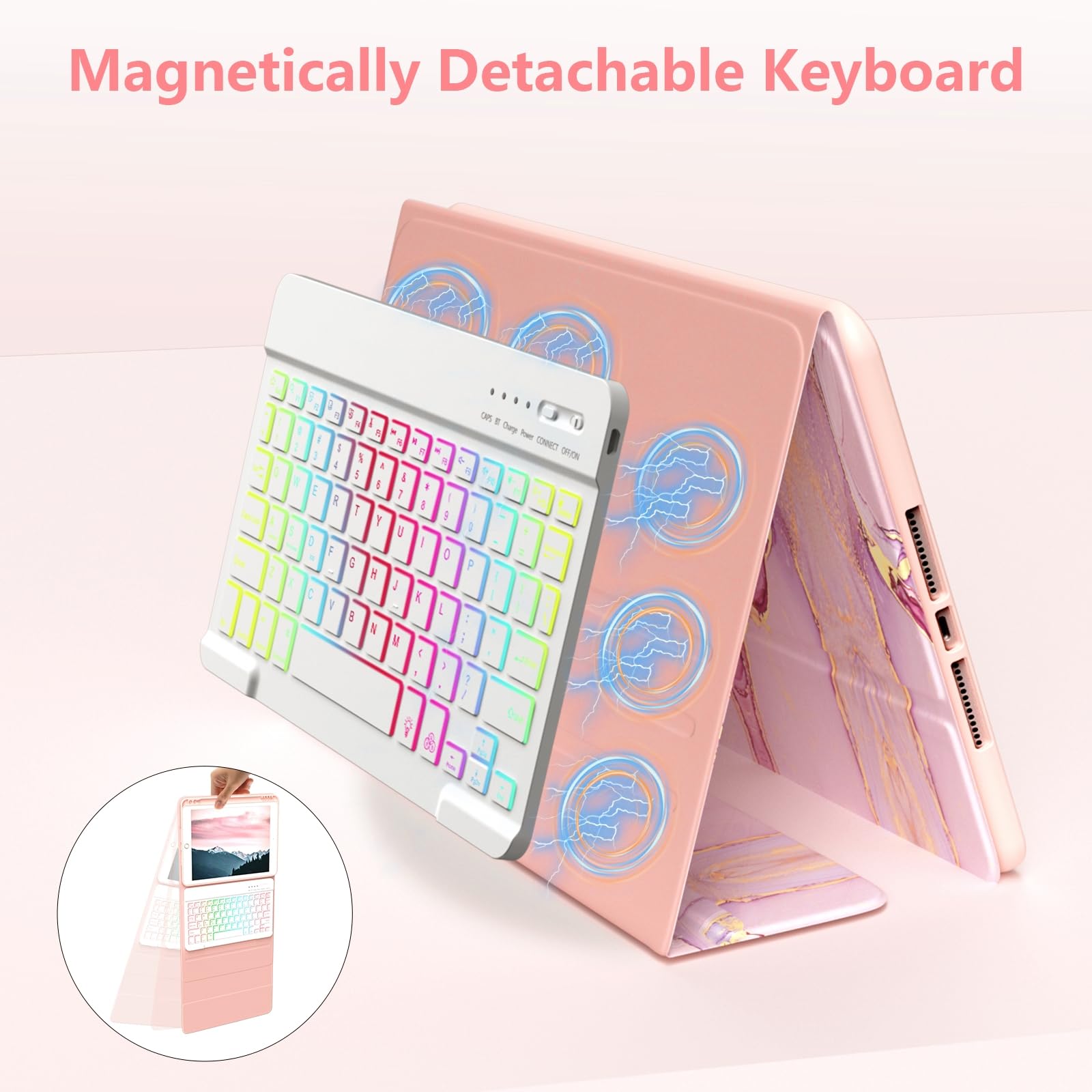FUWANG Keyboard Case for iPad 9th Generation 10.2 inch 2021 - Detachable 7 Colors Backlit Stand Folio Keyboard Cover for iPad 8th Gen/7th Gen/iPad Pro 10.5"/iPad Air 3rd Gen, with Pencil Holder