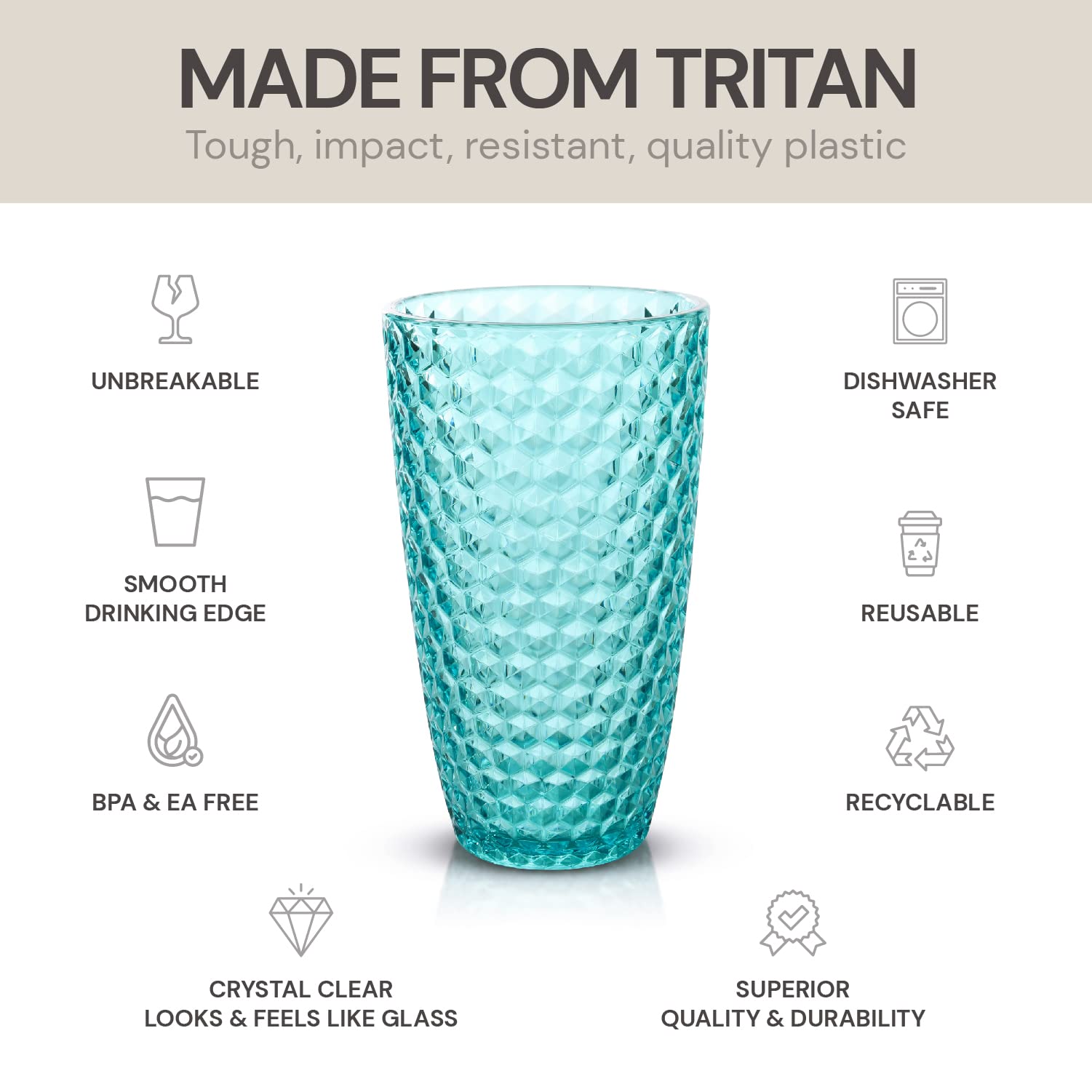 BELLAFORTE Shatterproof Tritan Plastic Tall Tumbler, Set of 4, 19oz - Laguna Beach Drinking Glasses - Unbreakable Tritan Drinking Glasses for Parties - BPA Free - Blue