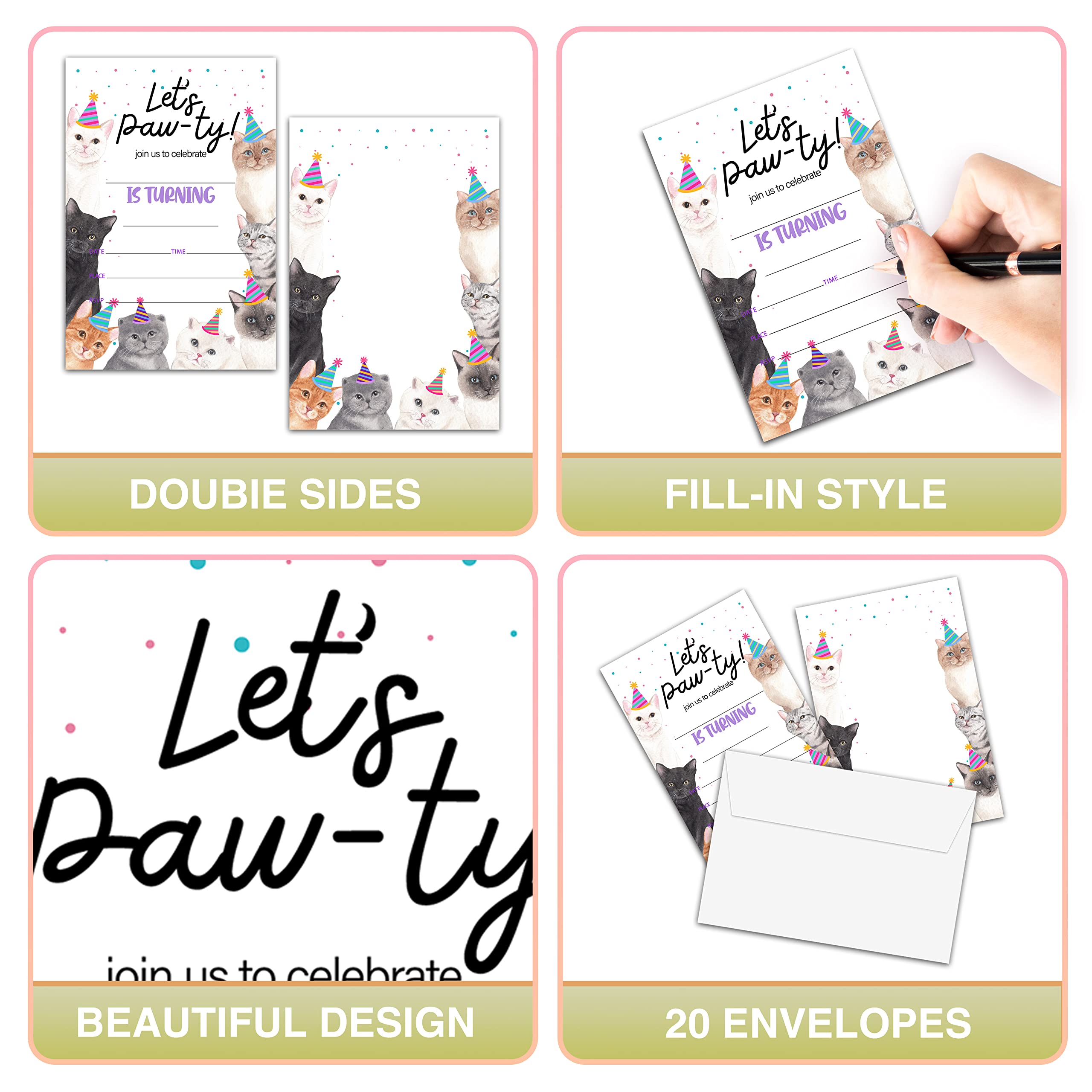 Cat Birthday Invitations with Envelopes - Kitty Cat Birthday Party Invitation Card - Let's Paw-ty Fill-in Invites Cards - Cute Pet Party Celebration (20 Pack)-25