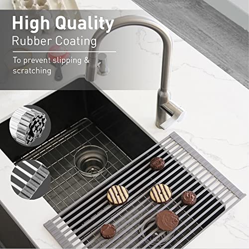 Bellemain Foldable Dish Drying Rack, Kitchen Rack, Sink Rack | Silicone Drying Rack, Dish Drying Mat, Stainless Steel Dish Drainer, Dish Rack Over Sink | Multipurpose Heat Resistant Mat (Gray, Large)