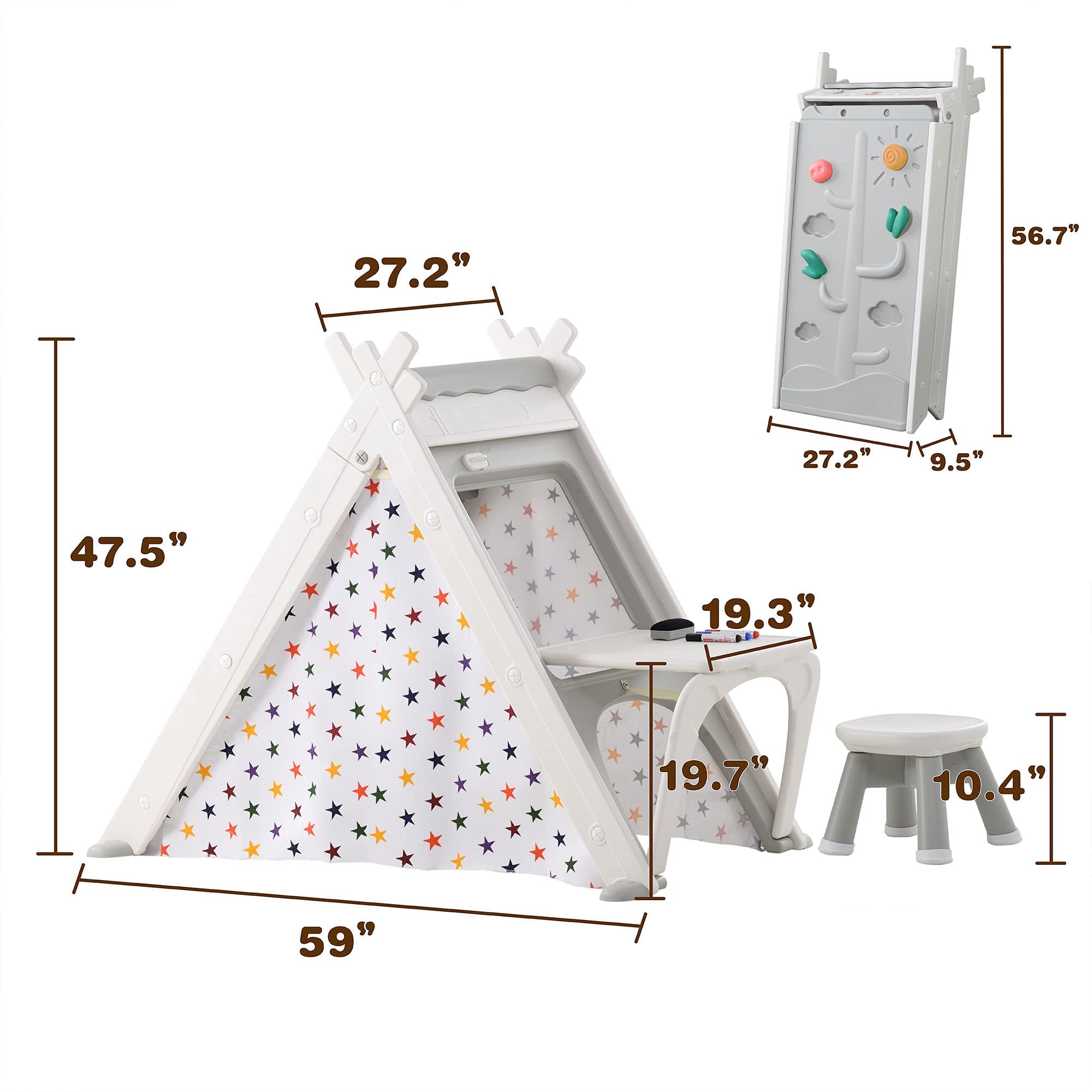 Merax Foldable Triangle Climber, 4-in-1 Kids Hideaway Play Tent with Art Easel, Stool for Toddlers, Climbing Triangle Crawling Tunnel Toy Activity Play Set (White)