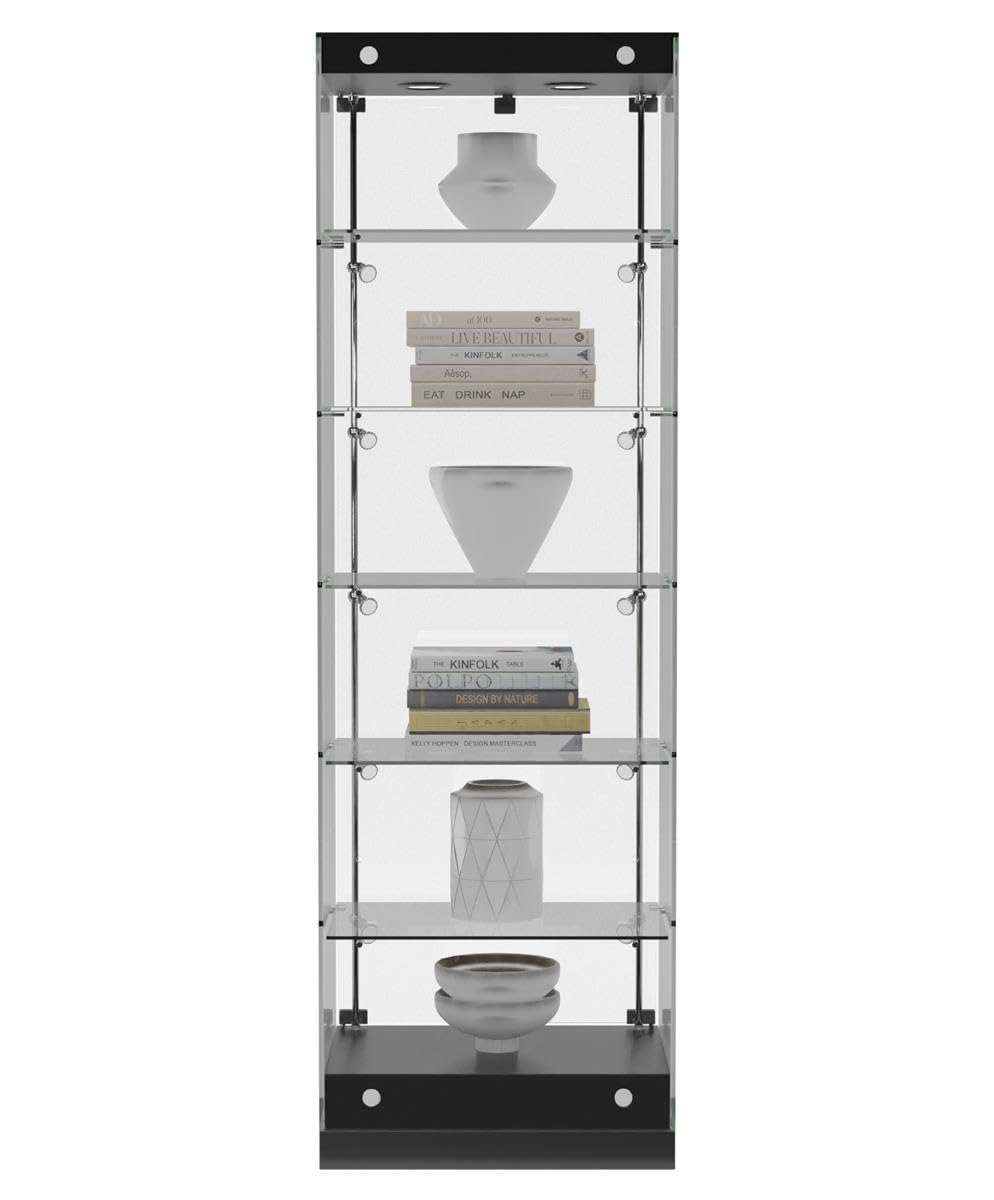 Displays2go Display Show Case with LED Lighting, Glass Shelves, Locking Door, MDF Top & Base β Clear & Black (GTAP24LEDB)