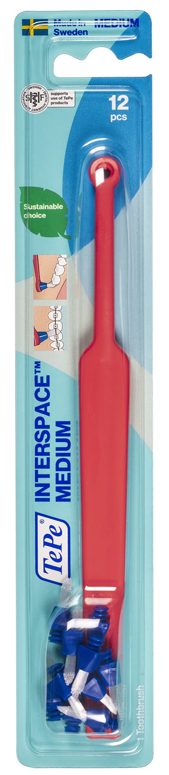 TEPE Interspace Angled Medium Toothbrush for Braces with Single-End Tuft and Removable Head, 12 Pack
