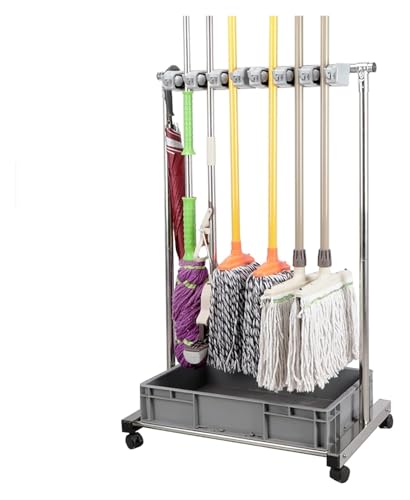 Drainage Rack Movable Hand Trucks Floor-Mounted Rack Broom and Mop Holder Movable Closet Cabinet Mobile Tool Corner Workshop Space for Garden Garage Organizer Kitchen,Restaurant,Business,Garages,Basem