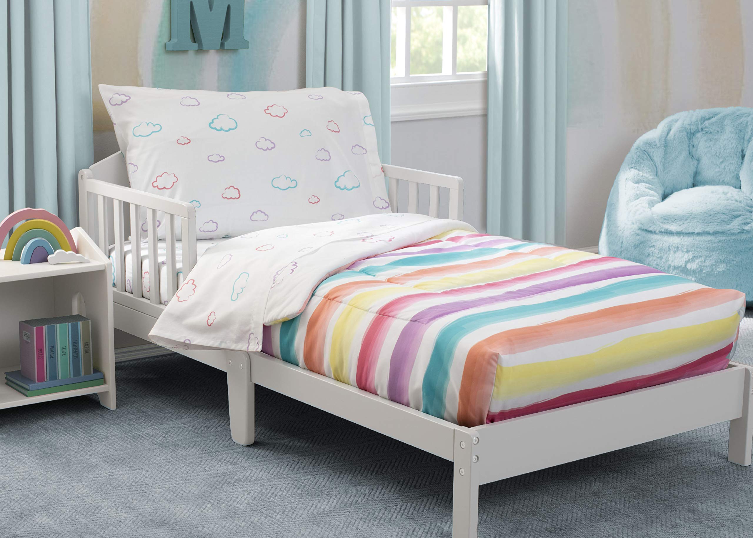 Delta Children Toddler Bedding Set | Girls 4 Piece Collection | Fitted Sheet, Flat Top Sheet w/Elastic Bottom, Fitted Comforter w/Elastic Bottom, Pillowcase, Sunshine | Multi Color