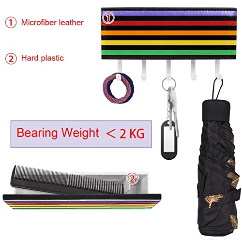 Colorful Horizontal Lines Striped Pattern with Black Background Mail Holder Organizer and Key Hooks PU Front, Self Adhesive Key Rack with 5 Hooks Perfect for Entryway, Hallway,Bathroom ,Kitchen