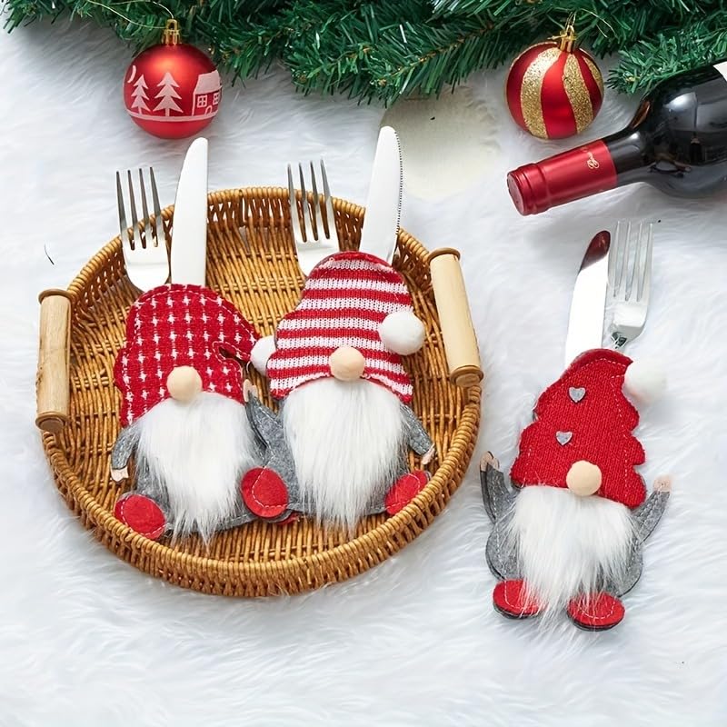 Christmas Gnome Cutlery Bags, Set of 6, Holiday Table Decorations, Polyester