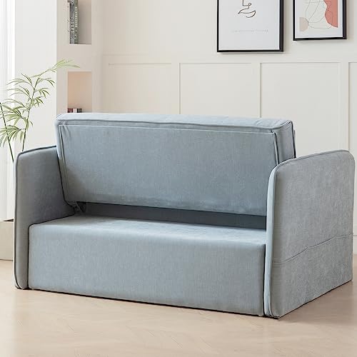 COULDWILL Convertible Sleeper Sofa Bed 3 in 1 Loveseat Couch Linen Small Sofa with Pull-Out Bed, Adjustable Backrest and Side Pockets for Living Room, Bedroom, Studio(Grey)