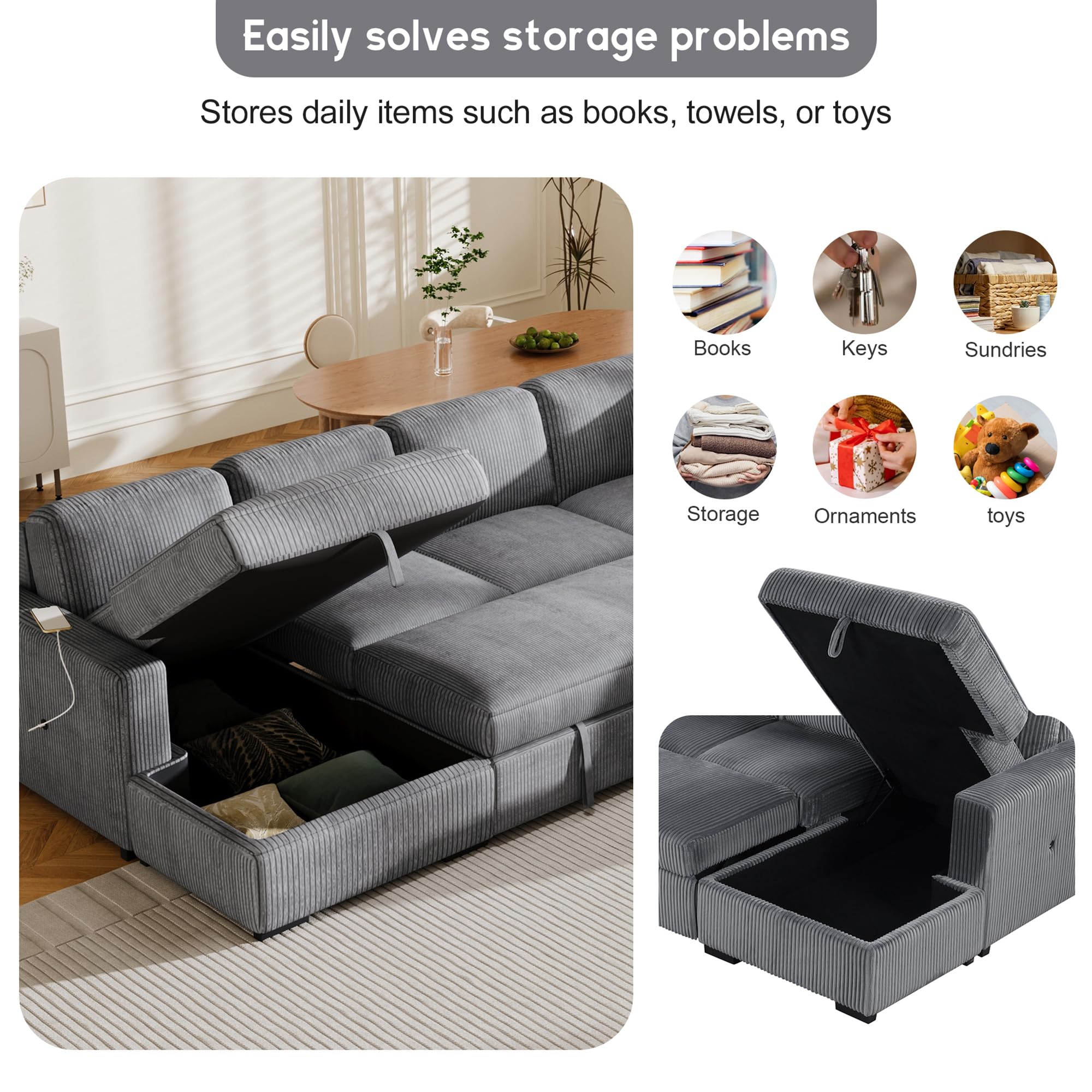 CALABASH U Shaped Sectional Sleeper Sofa, with Pull Out Bed, L-Shaped Corner Combo, with Ottoman, USB and Storage, Convertible Sectional Sofa Couch,Grey