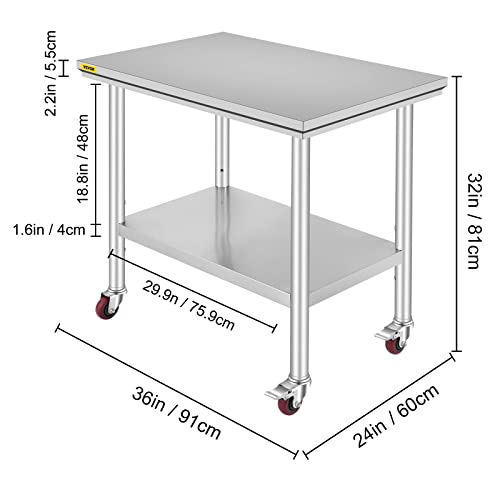Mophorn Stainless Steel Work Table 36x24 Inch with 4 Wheels Commercial Food Prep Worktable with Casters Heavy Duty Work Table for Commercial Kitchen Restaurant