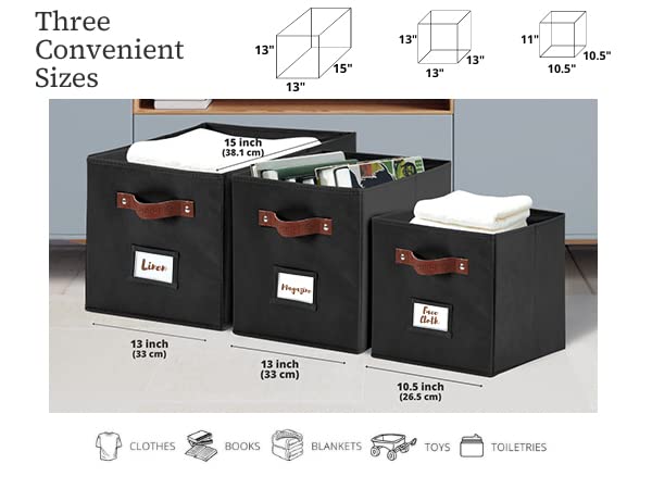 DECOMOMO Storage Baskets 13x15x13 Storage Cube Bins with Label Holders, Kallax Storage Cubes Baskets for Organizing Shelves Nursery Toy (Kallax / 4pcs, Black)