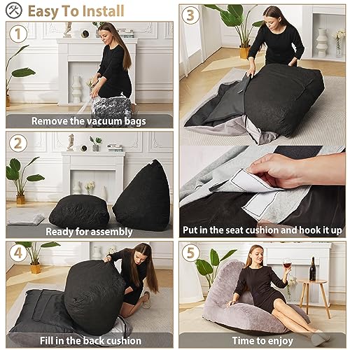 Homguava Bean Bag Chair Sofa Memory Foam Pre-Filled Bean Bag Chairs Stuffed Beanbag Sofa Lazy Bean Bag Sofa for Adults, Kids, Teens for Gaming, Reading & Relaxing(Linen, Dark Grey)
