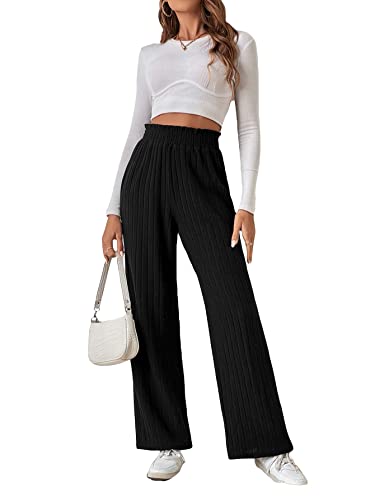 GORGLITTER Women's Solid High Waist Wide Leg Pant Elastic Ribbed Knit Palazzo Pants Trousers Black Medium