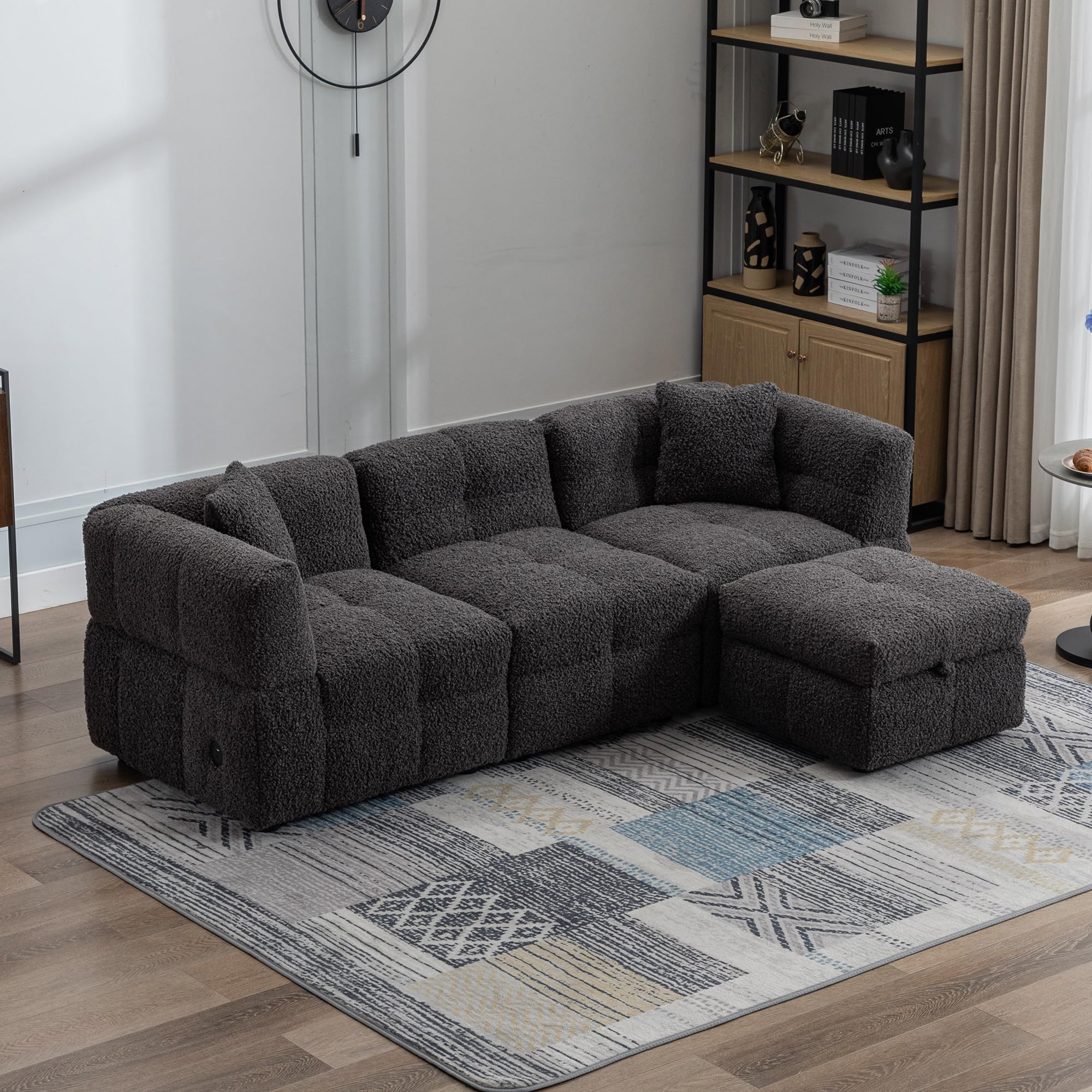Convertible Sectional Sofa Teddy Fleece Fabric Couch with 2 USB Ports 1 Movable Storage Ottoman and 2 Lumbar Pillows