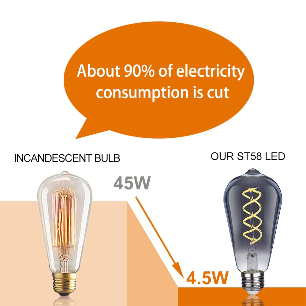 Austin Coast ST19/ST58 Vintage LED Edison Bulb,4.5W Daylight 5000K,Dimmable Flexible Spiral LED Filament Light Bulb with Smoky Grey Glass,4.5W Equivalent to 45W, E26 Base(4.5W-5000K-6 Pack)