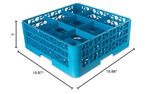 Carlisle FoodService Products RG9-214 OptiClean 9 Compartment Glass Rack with 2 Extenders, 7.12", Polypropylene, Blue