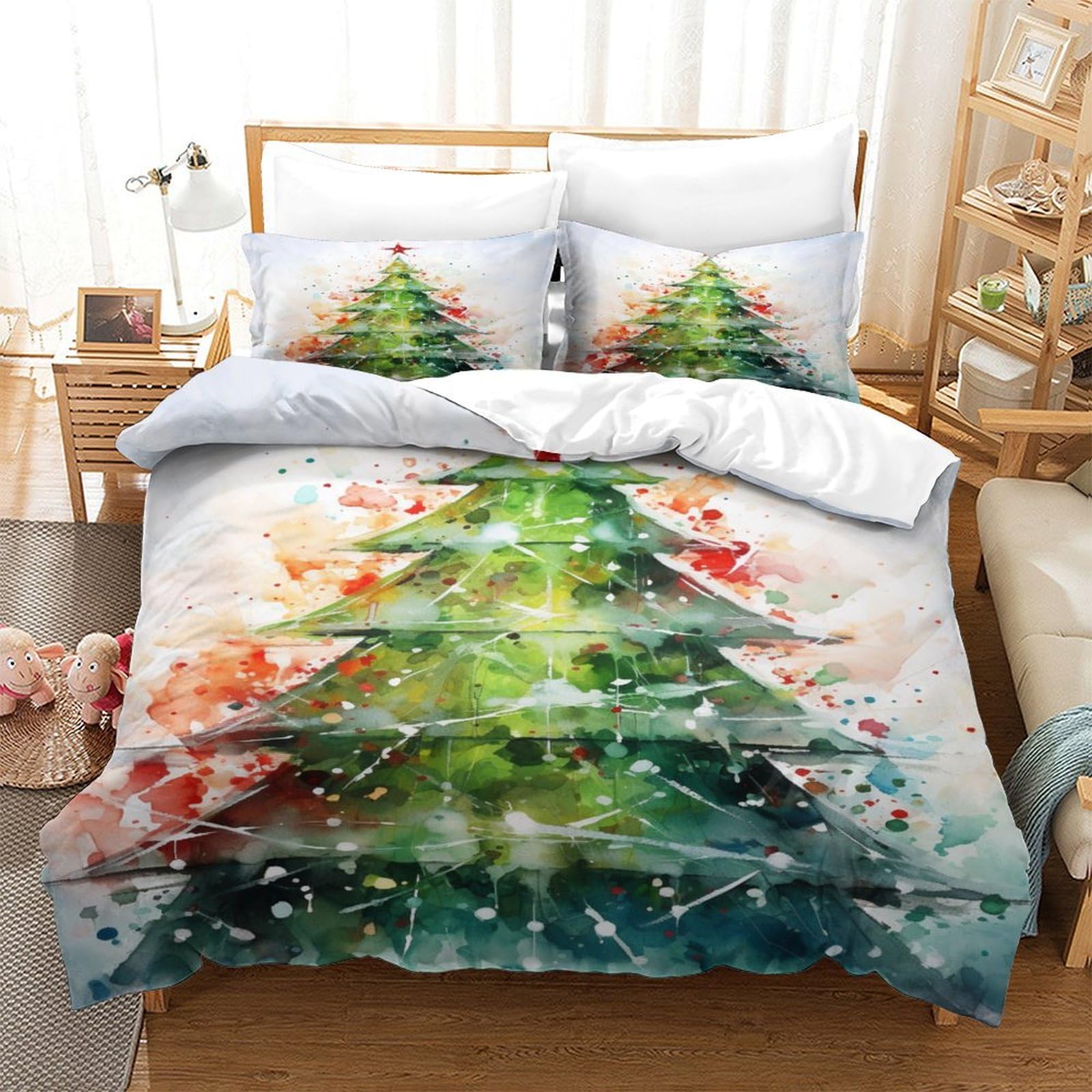 Christmas Tree Duvet Cover Set 3D Watercolor Print Decorative 3 Piece Bedding Set with 2 Pillow Shams with Zipper Closure All Season Microfiber Twin(173x218cm)