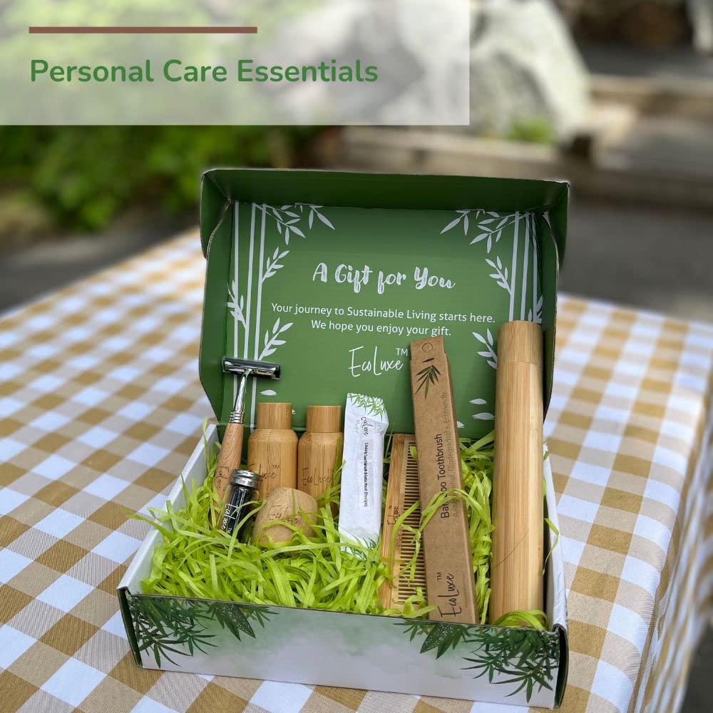 EcoLuxe Sustainable Gift Box Personal Care Travel Sized Toiletries Bundle, Bamboo Toothbrush, Dental Floss, Comb,Liquid Containers, Razor, Bamboo Travel Case and Stand, 9 Items