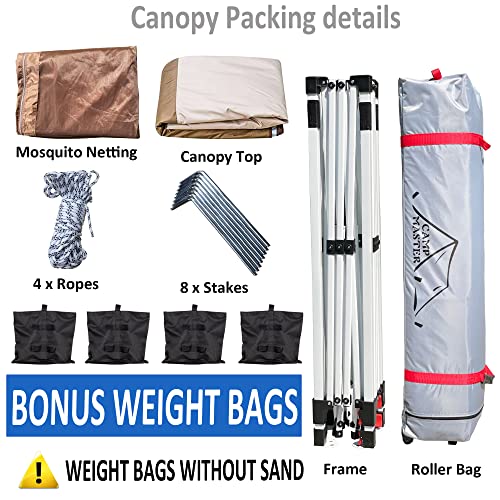 Camp Master Canopy Tent with Mosquito Netting, Outdoor 10x10 Pop-up Dome Canopy,Patio Tents for Parties,Quick Easy Setup Canopies with Waterproof Roof, Roller Bag, 4 sandbags (10 FT, Brown)