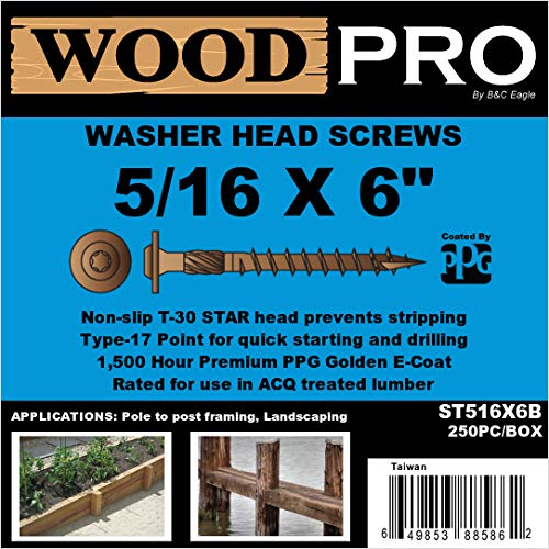 WoodPro Fasteners ST516X6B 5/16-Inch by 6-Inch Length Round Washer Head Exterior Wood Screws, 250-Pack , Gold