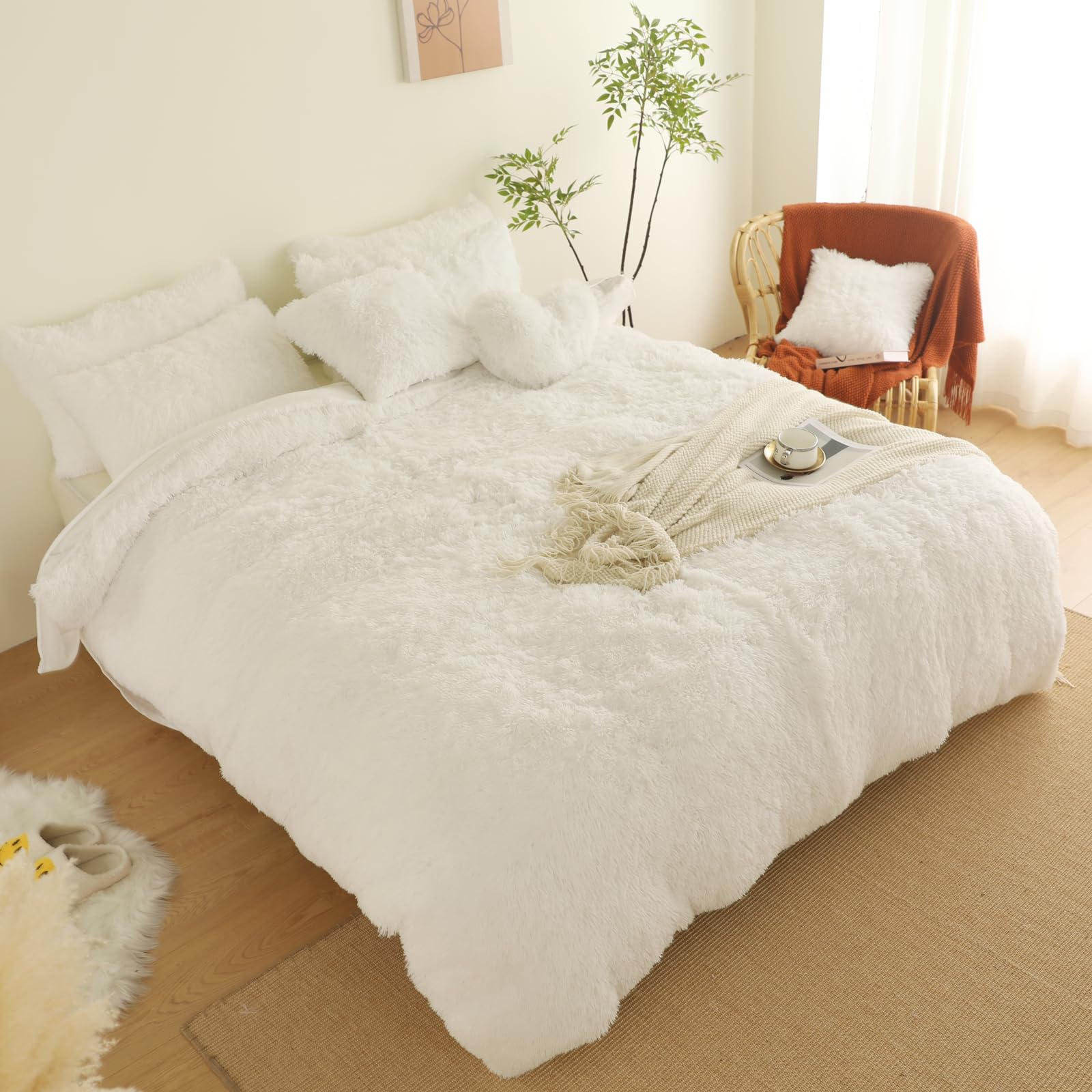 HAIHUA Faux Fur Plush White Comforter Cover Queen Set 9 Pieces,Shaggy Luxury White Bedding Set, Soft Fluffy Bed Sets Full Queen with Duvet Cover and Sheets (White, Full/Queen)