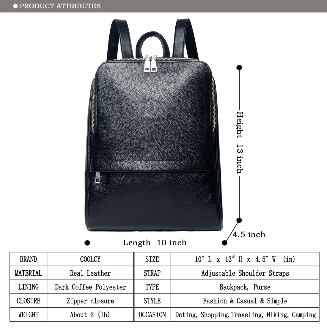 COOLCY Women Real Genuine Leather Backpack purse Fashion Bag (Black)