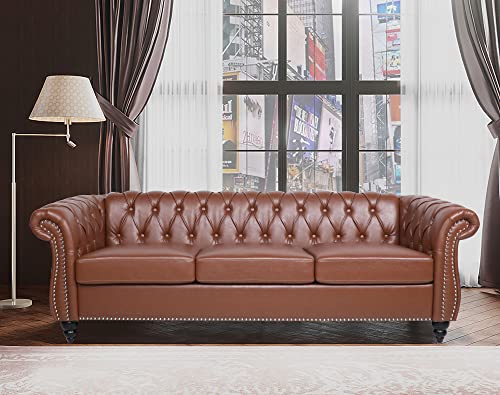 HomSof 84" Rolled Arm Chesterfield 3 Seater Sofa Mid Century Modern Couch for Small Spaces, Brown PU Leather