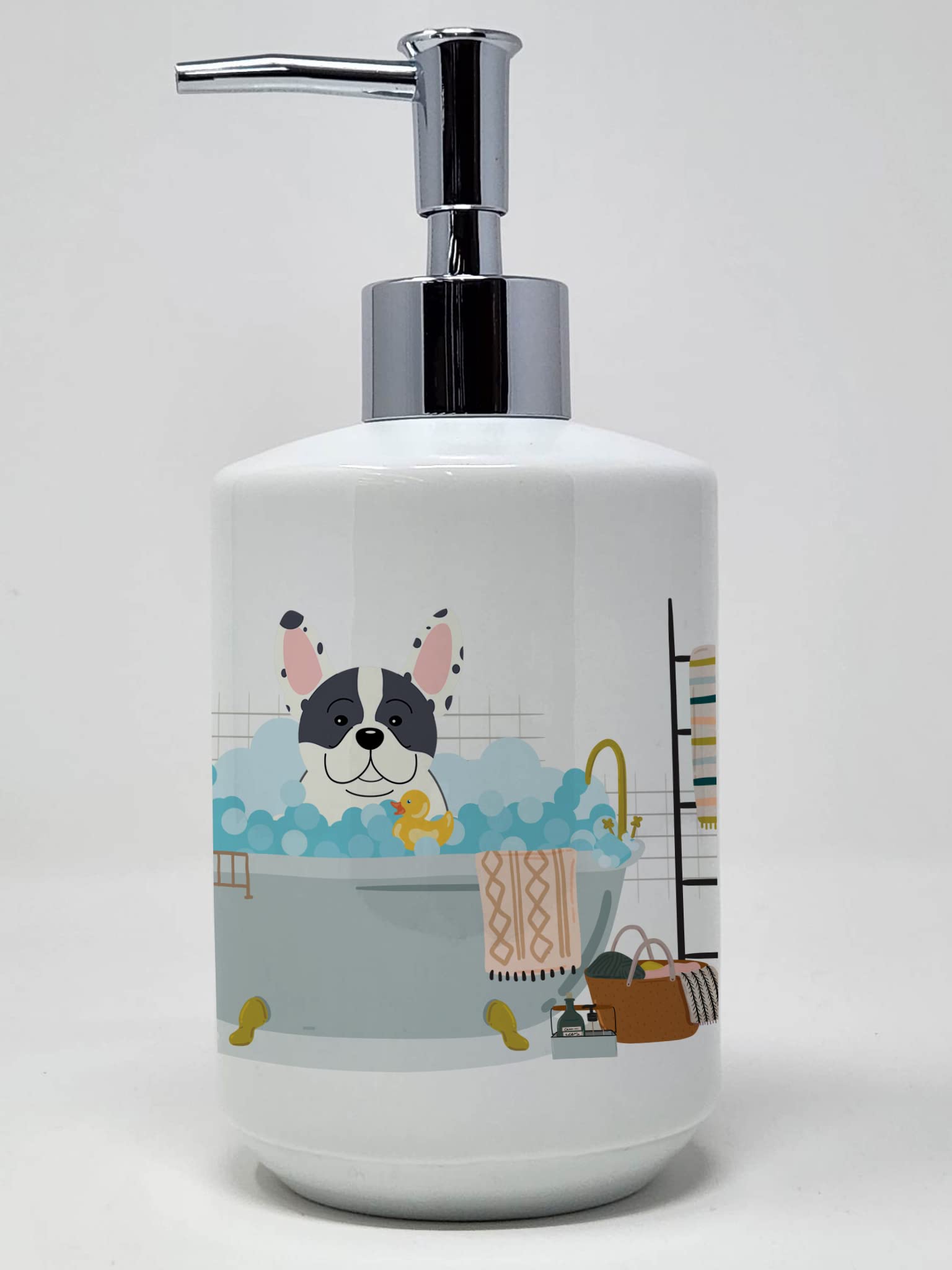 Caroline's Treasures WDK5708SOAP Piebald French Bulldog in Bathtub Ceramic Soap Dispenser Hand Soap Dispenser Pump Bottles for Bathroom Kitchen, Empty Refillable Liquid Soap Container