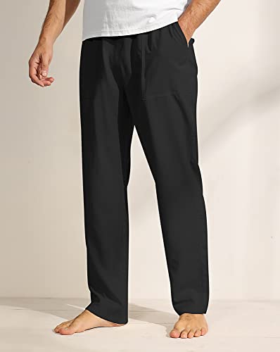 Ficerd 2 Pcs Men's Drawstring Linen Pants Men Casual Beach Trousers with Pocket Lightweight Elastic Yoga Pant (Black, Khaki, Large)