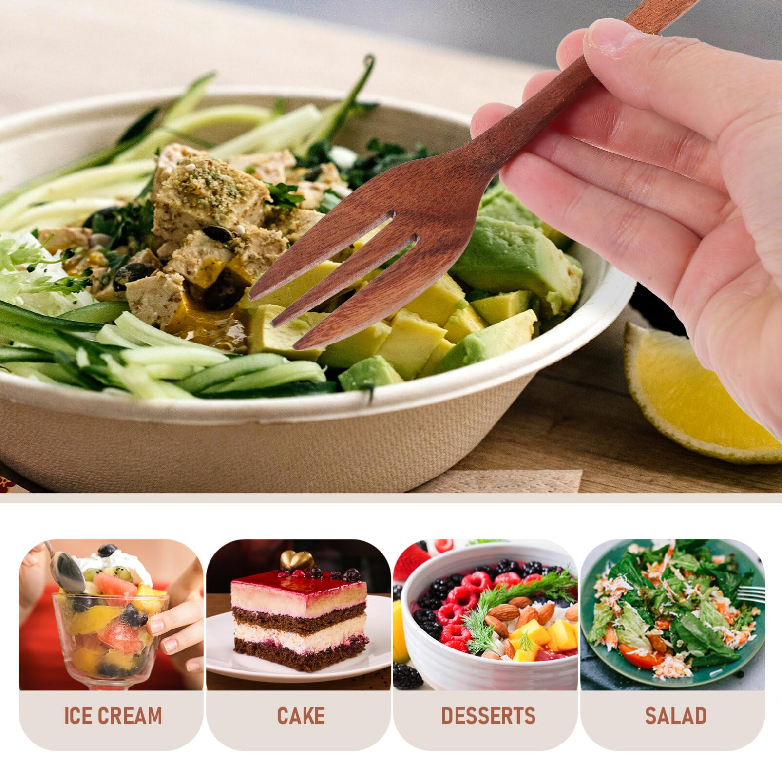 Cabilock Salad Mixing Fork Wood Salad Servers Long Handle Cooking Fork Wooden Kitchen Utensils for Salad BBQ Dessert Vegetable