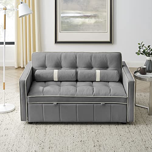 HomSof Modern 55.5" Pull Out Sleep Bed 2 Seater Loveseats Sofa Couch with Side Pockets Adjsutable Backrest and Lumbar Pillows for Apartment Office Living Room, Style E, Grey