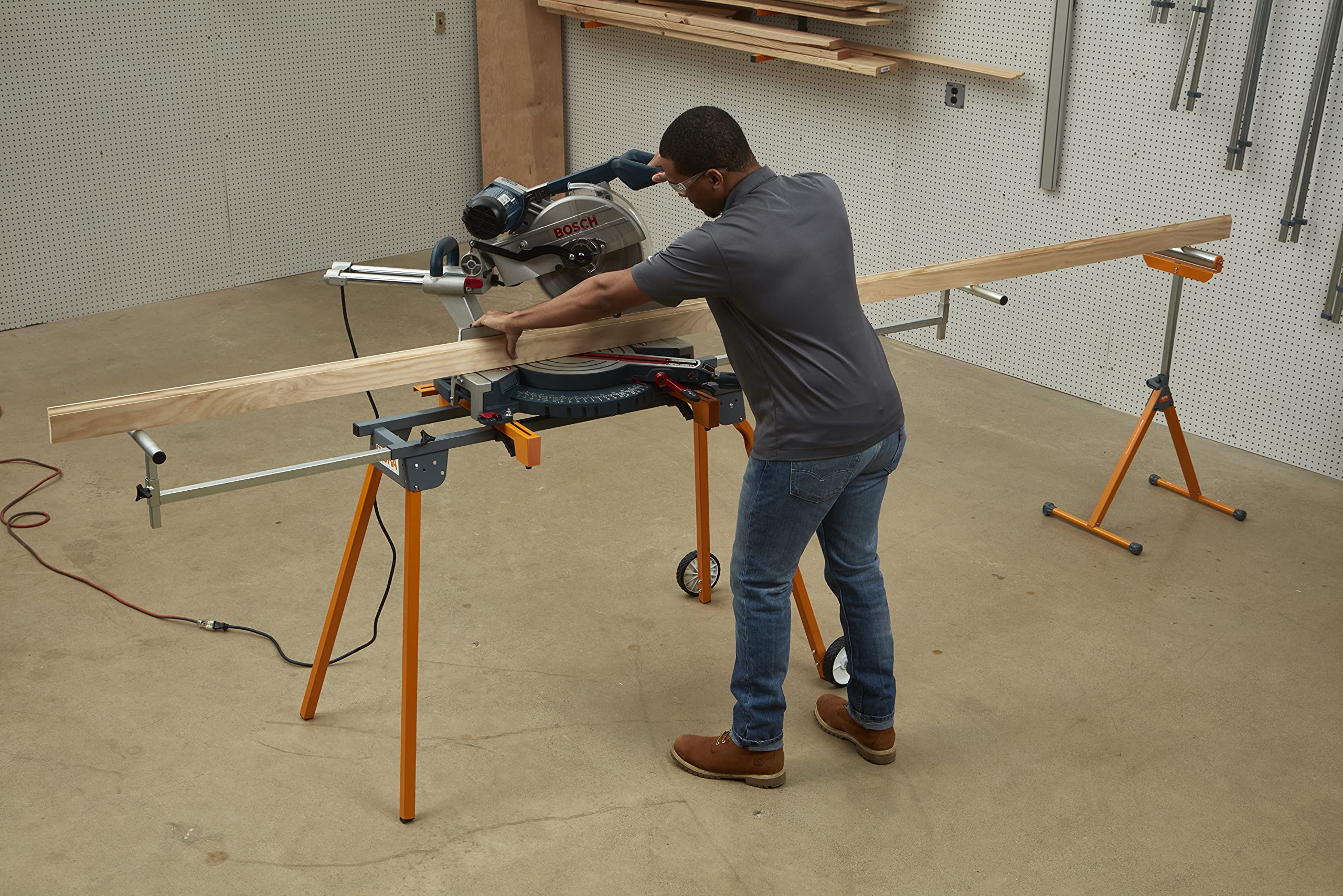 BORA Portamate Heavy Duty Folding Miter Saw Stand with Wheel Kit and Adjustable Pedestal Roller, Heavy Duty Pro Workstand with Additional Outfeed Support for Carpenters, Contractors and DIY, PM-4000B