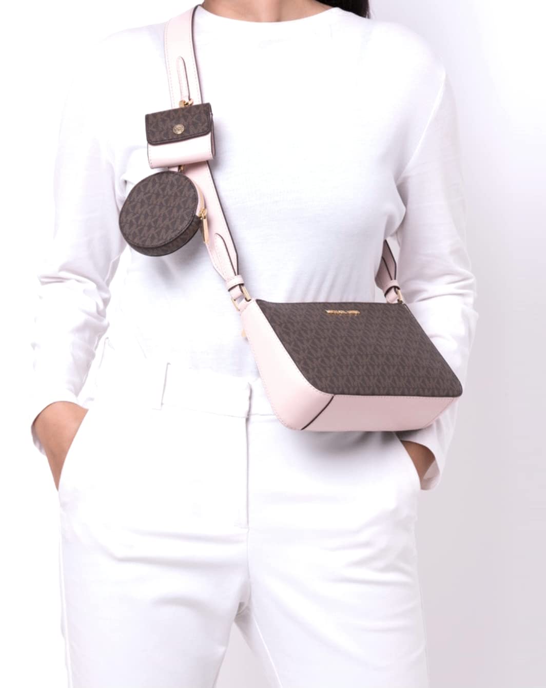 Michael Kors Crossbody with Tech Attached MK Signature Powder Blush Brown