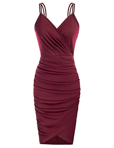 GRACE KARIN Spaghetti Straps Bodycon Pencil Dress V-Neck Wedding Guest Dress Wine Red XL