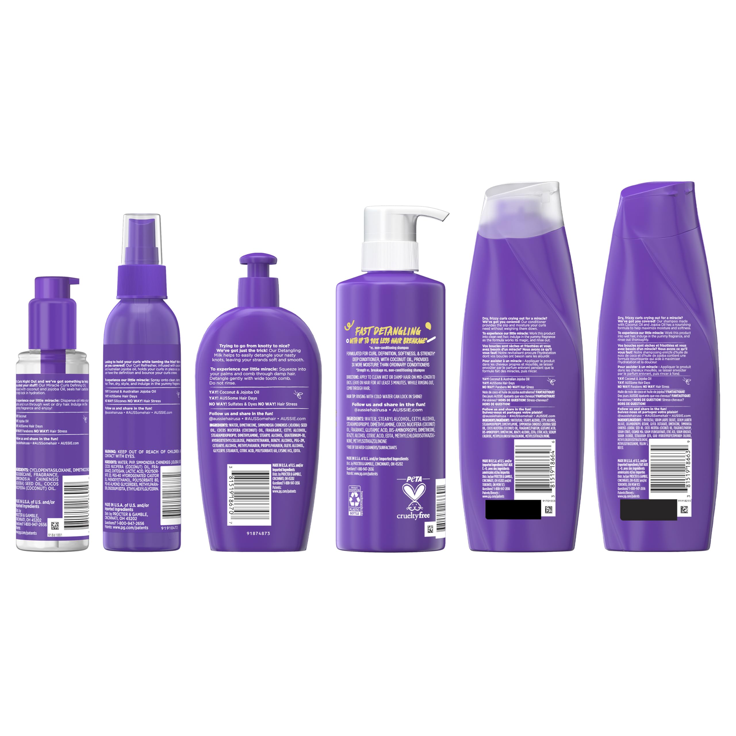 Aussie Miracle Curls Set: Shampoo, Conditioner, Deep Hydration, Spray Gel, Detangling Milk, and Oil Hair Treatment, Curl Oil, Coconut & Jojoba, Frizz Control, 6 Pieces
