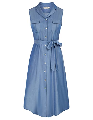 GRACE KARIN Womens Jean Dress Casual Denim Dresses Summer Sleeveless Button Down A line Shirt Dress with Belt Blue XL