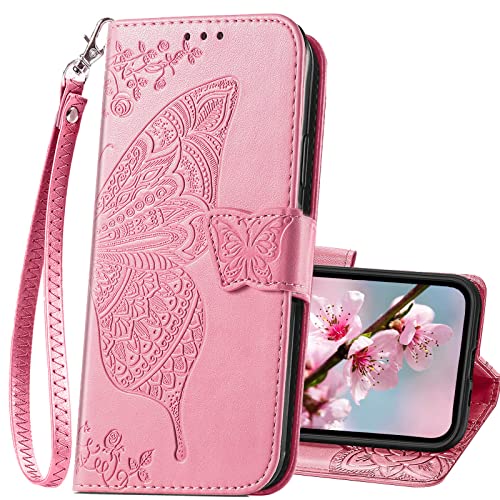 Designed for iPhone 13 Case Wallet for Women,Flip Folio Cover with Butterfly Embossed PU Leather Kickstand Credit Card Holder Slots Magnetic Wrist Strap Protective Phone Case for iPhone 13 (Pink)