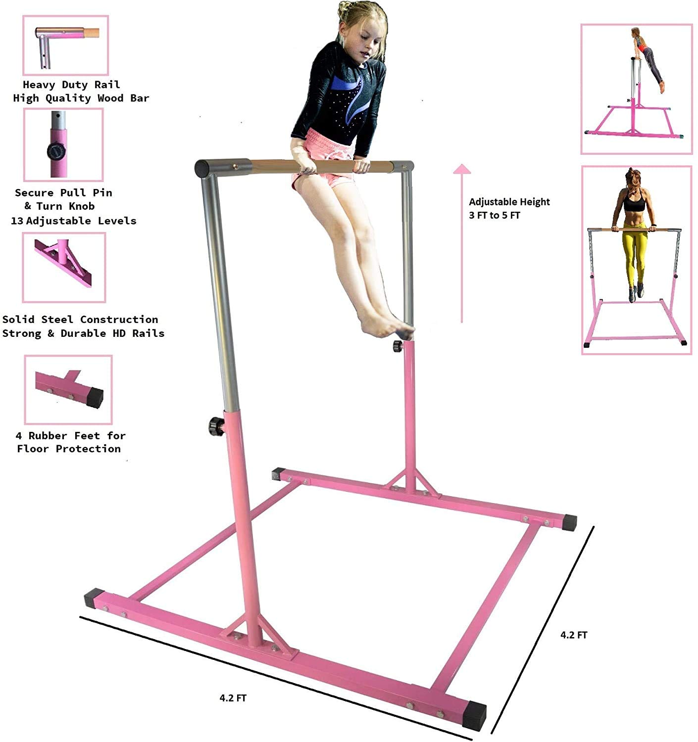 Athletic Bar Kids Gymnastics Junior Horizontal Kip Bar 3 to 5 FT Training Jungle Gym Expandable Adjustable Height 3 to 5 FT Tumble Weight Capacity 300 Pounds (Pink)
